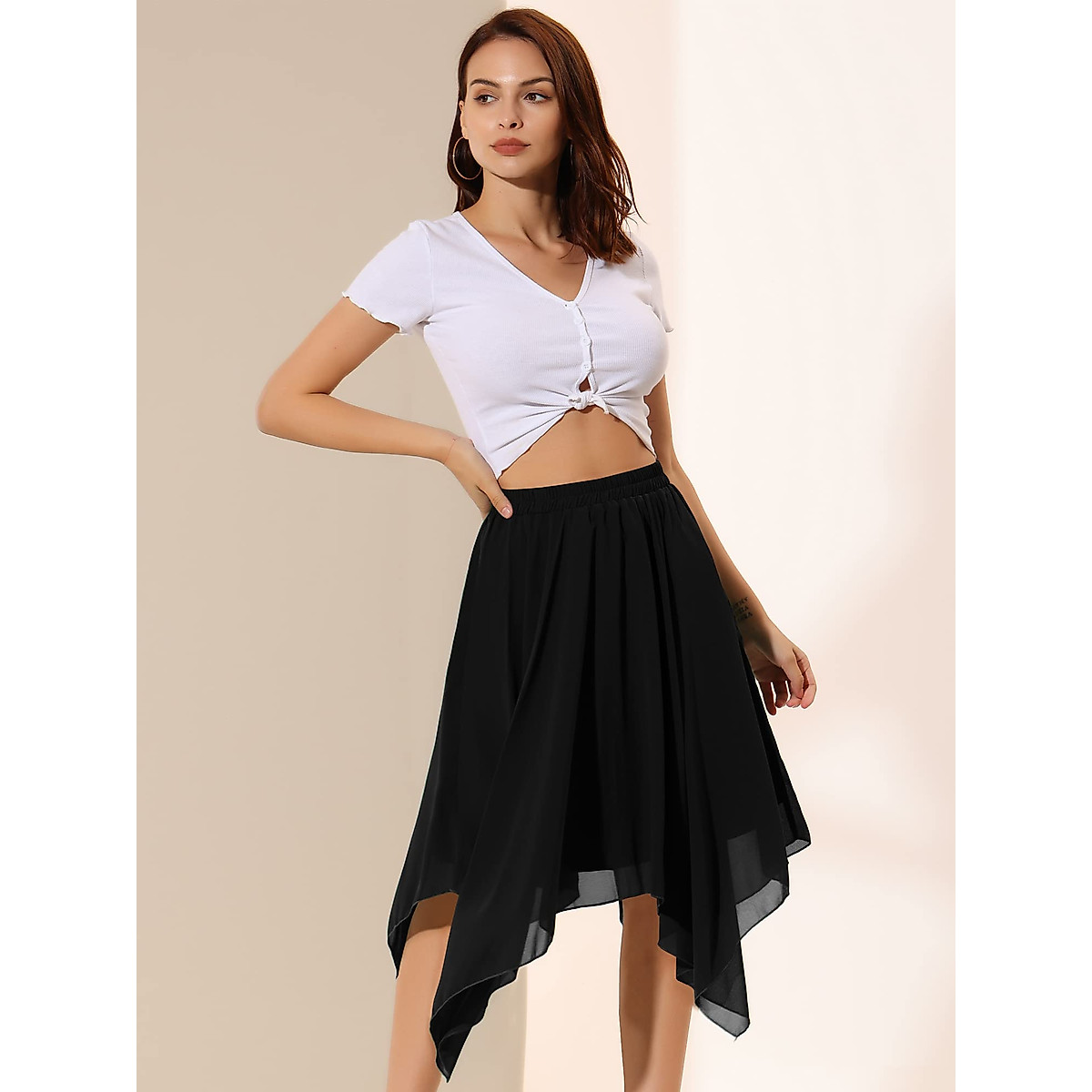 Allegra K Women's Elastic Waist Chiffon Handkerchief Hem Midi Skirt Medium Black