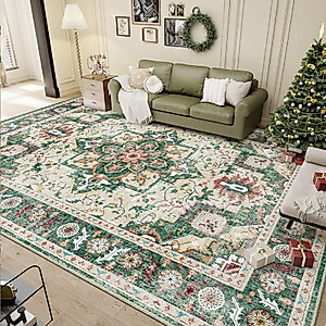 Vamcheer Washable Area Rug - Green Vintage 5x7 Area Rugs for Living Room, Bedroom, Machine Washable Rug Non-Slip Backing, Ultra-Soft Low Pile Carpet