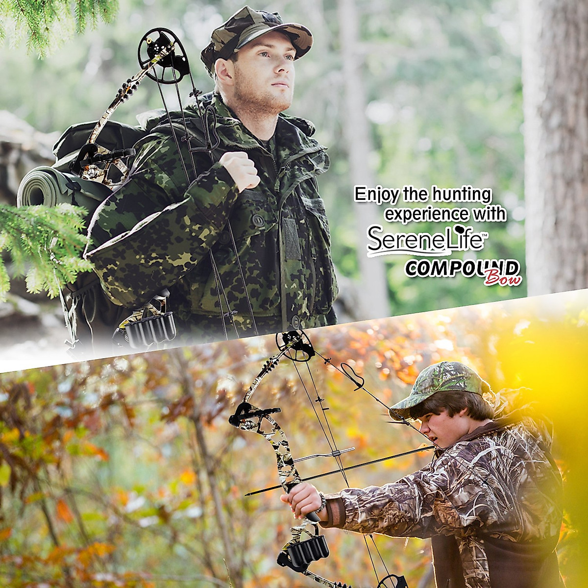 SereneLife Sharp Eye Camouflage Compound Bow-320 FPS Hunting Camo Archery Gear-Fiberglass Limb,Metal Riser,4 String Silencers,30-70lbs Adjustable Draw Weight,23.5”-30.5” Length SLCOMB10.5