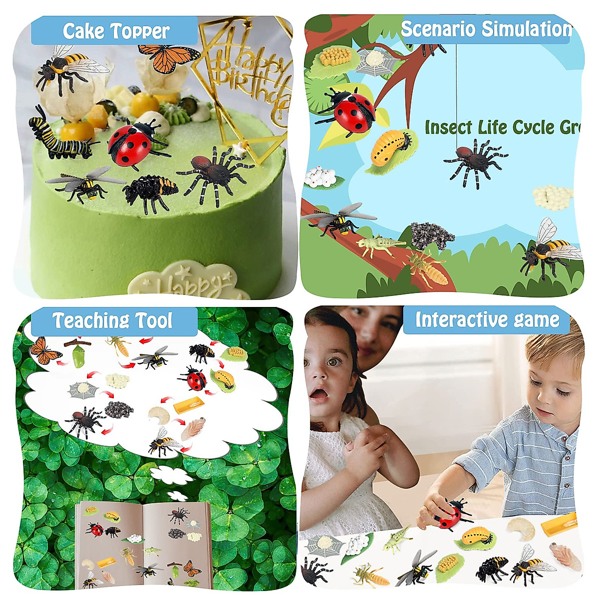 20 PCS Life Cycle Figurines of Butterfly Spider Bee Ladybug Dragonfly, Plastic Insect Bug Figures Toy Kit, Early Education Growth Stage Model Biology Science Toys School Project for Kids Toddlers