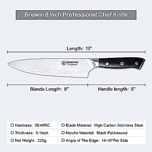Brewin Chef Knife, Razor Sharp 8 Inch Kitchen Knife with Black Pakkawood Handle German High Carbon Stainless Steel Full Tang Professional Cooking Knives with Gift Box