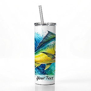 Personalized Custom Name Text Mahi Mahi Fish Watercolor Skinny Tumbler 20oz with Straw Insulated Water Bottle Gift - 1 Line Horizontal