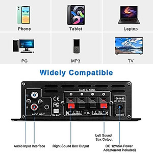 Bluetooth 5.0 Audio Power Amplifier AK-380 400W+400W 2.0 CH HiFi Stereo Amp Receiver with USB,SD,AUX,Remote Control,FM Antenna for Car Home Speaker Bar Party-(Without Power Adapter)