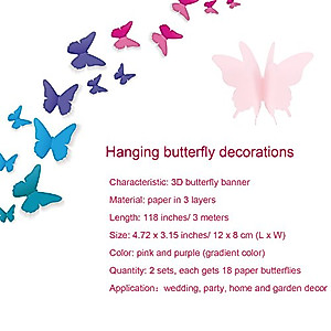 2 Pieces 3D Paper Butterfly Banner Hanging Decorative Garland for Wedding, Baby Shower, Birthday and Theme Decor, 118 Inches Long, Pink and Purple