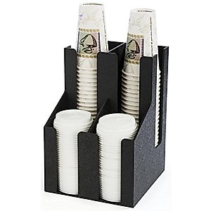 Coffee Cup and Lid Holder and Dispenser, 4 Compartments, Table or Wall Mount (Black ABS Plastic)