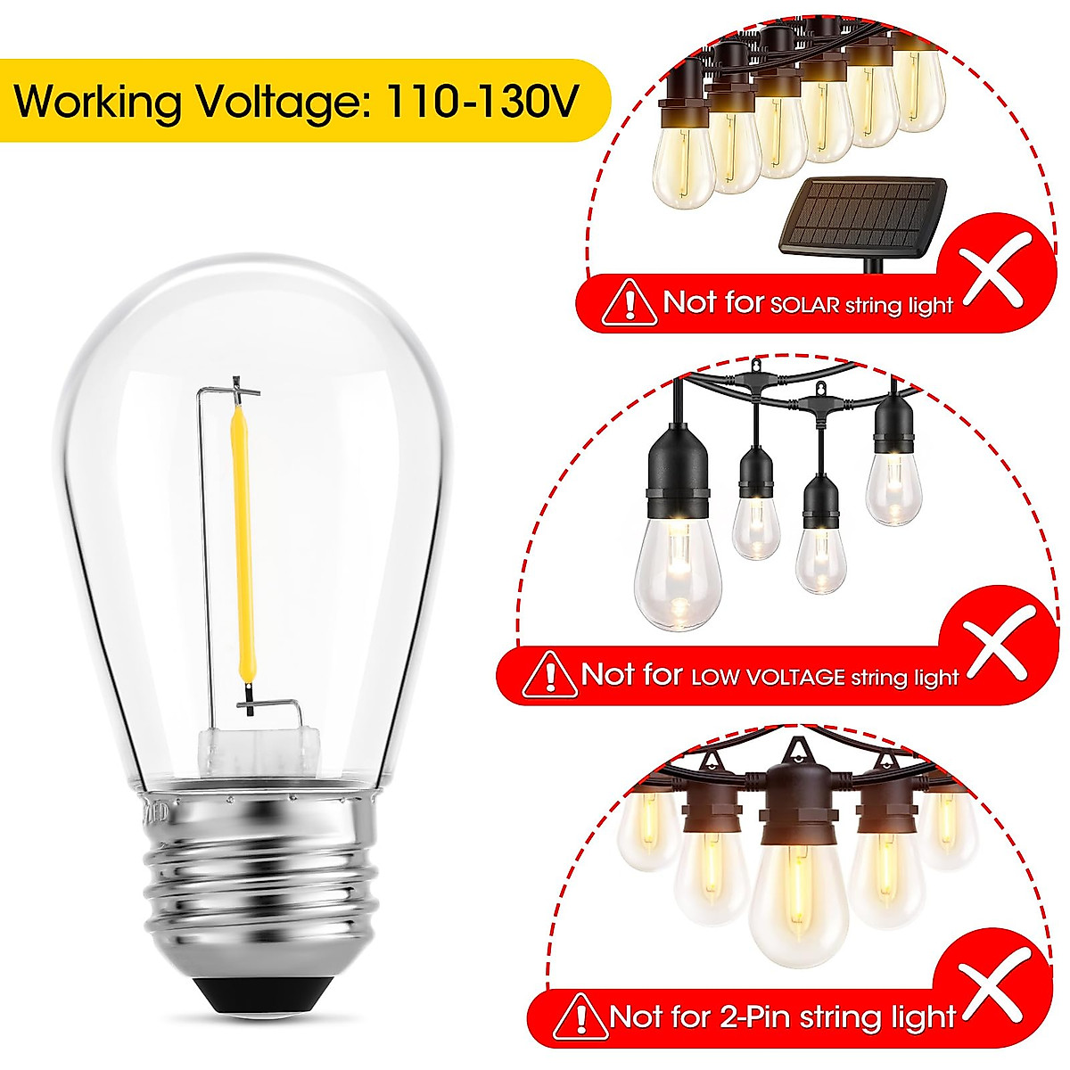 Meconard Outdoor Patio String Light Bulbs, Shatterproof Waterproof S14 LED Replacement Bulbs for Outdoor String Lights, 1W LED Bulbs Equal to 11W Incandescent, 2200K Warm White, E26 Base, Non-Dimmable