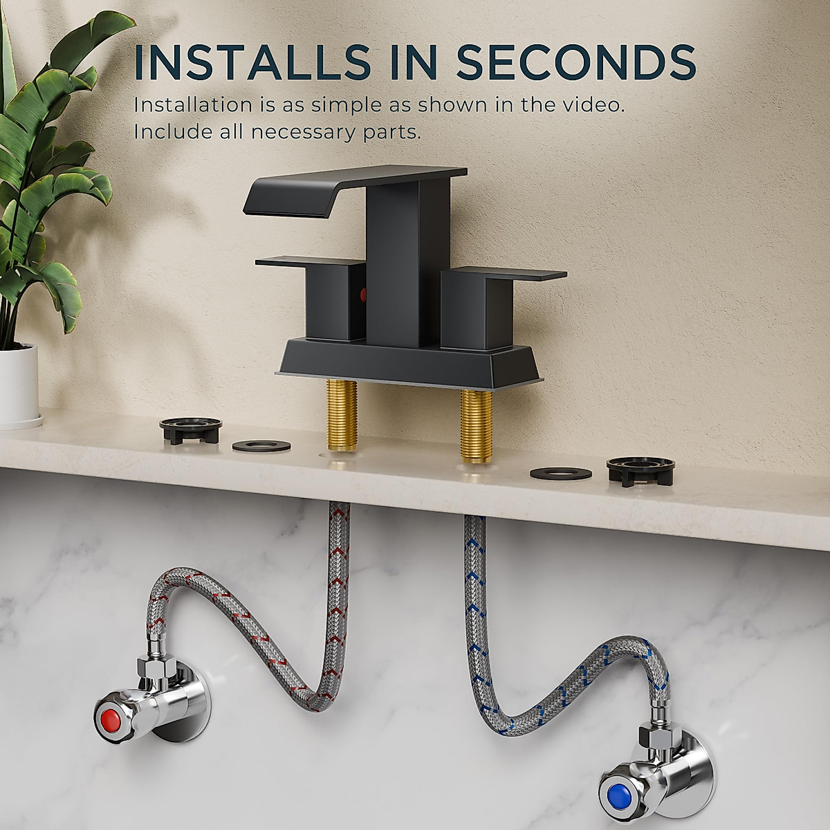 FORIOUS Square Waterfall Black Bathroom Faucets 3 Hole or 2 Hole, Centerset Bathroom Sink Faucet 4 Inch with Metal Pop Up Drain and Hose, Matte Black Faucet for Bathroom Sink Vanity RV 2 Handle