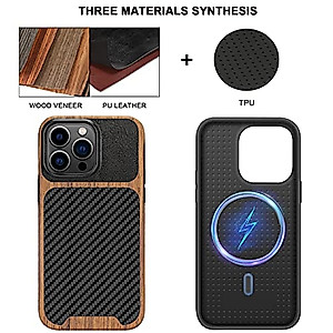 TENDLIN Magnetic Case Compatible with iPhone 14 Pro Max Case Wood Grain with Carbon Fiber Texture Design Leather Hybrid Slim Case (Compatible with MagSafe) Black
