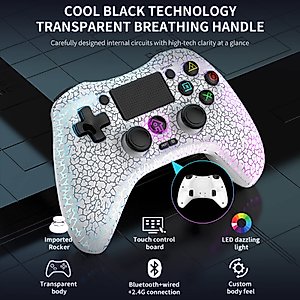 RALAN Wireless Controller with 8 Color Adjustable LED Lighting Compatible with PS4 Pro/Slim/for PS4 Controller Dualshock 4, with Headphone Jack for FPS Game （White）