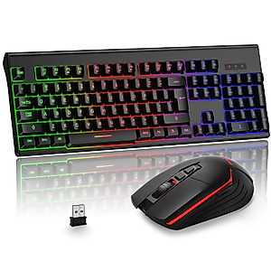 BlueFinger Wireless Gaming Keyboard and Mouse, Rechargeable Rainbow Backlit Wireless Keyboard and Ergonomic Light Up Mouse Combo for Windows, Mac, PC, Laptop