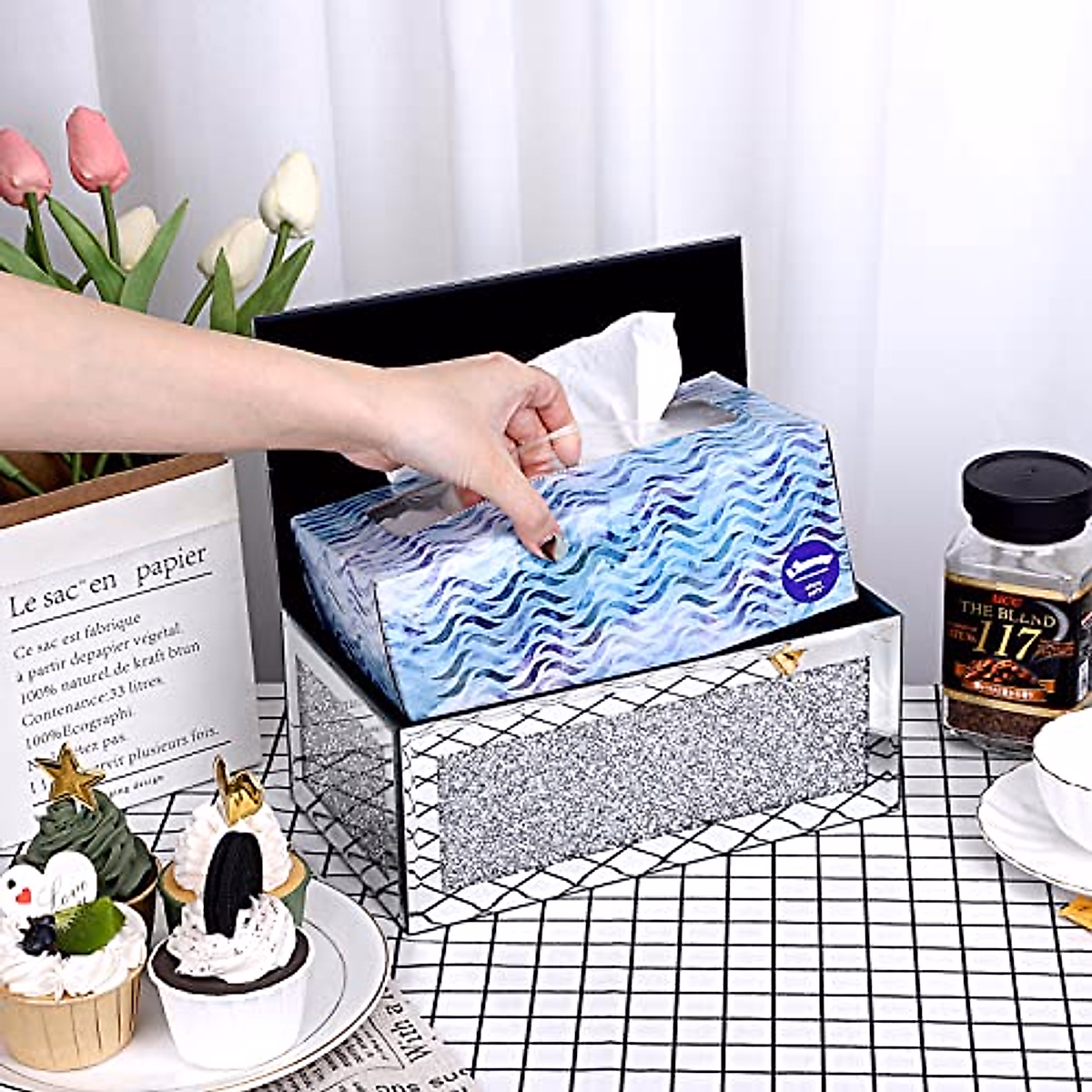 Sumnacon Crystal Tissue Box Cover - Decorative Glass Tissue Box Holder, Sparkling Facial Tissue Holder for Bathroom Living Room Dresser Night Stand Desk Table Office Home Decor, (10.2 x 6.3 Inch/Rectangular, Silver)