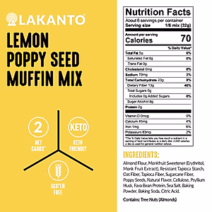 Lakanto Sugar Free Lemon Poppy Seed Muffin Mix - Sweetened with Monk Fruit Sweetener, 2g Net Carbs, Dairy Free, Keto Diet Friendly, Gluten Free, Natural Flavors, Almond Flour, Sea Salt (6.77 OZ)