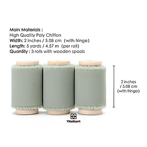 Vitalizart Dusty Green Chiffon Ribbon 2" x 15 Yd Sage Silk Like Handmade Frayed Edges Fringe for Wedding Invitations Bridal Shower Bouquets Gift Wrapping Holiday Decor