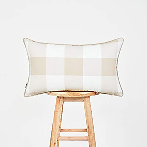 Hofdeco Coastal Patio Indoor Outdoor Lumbar Pillow Cover ONLY for Backyard, Couch, Sofa, Tan Buffalo Check, 12"x20"