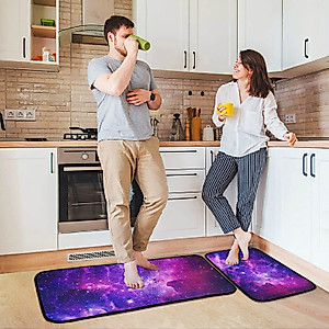 Galaxy Starry Sky Purple Kitchen Rugs and Mats 2 Pieces Anti Fatigue Kitchen Rug Set Non-Slip Bath Mat Entry Floor Carpet Entrance Door Mat Runner 20"x28"+20"x47"