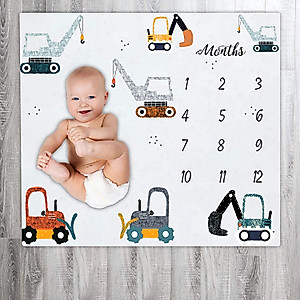 EARVO Baby Monthly Milestone Blanket Boy or Girl Construction Truck Baby Month Blanket with Wreath Frame Cartoon Truck Milestone Blanket for Newborn to 12 Months Milestones 47”x40”BTZDEA8