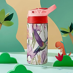 Stainless Steel Water Bottles Hummingbirds Irises Flowers Travel Water Cups with Handle And Silicone Straw Drinking Cup with Leak Proof Lid Thermo Travel Mug for Women Men