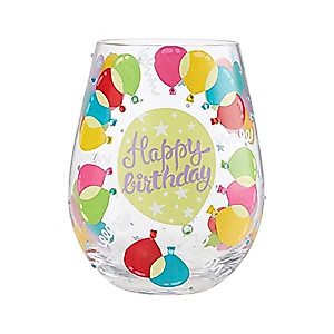 Enesco Designs by Lolita Happy Birthday Balloons Artisan Hand-Painted Stemless Wine Glass, 20 Ounce, Multicolor