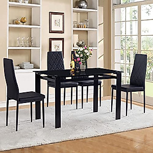 Recaceik 5 Pieces Modern Dining Table Set for 4, Rectangle Glass Table and 4 PU Leather Kitchen Dining Room Chairs with Metal Frames, Dining Room Table and Chairs Set, Easy to Clean & Assemble