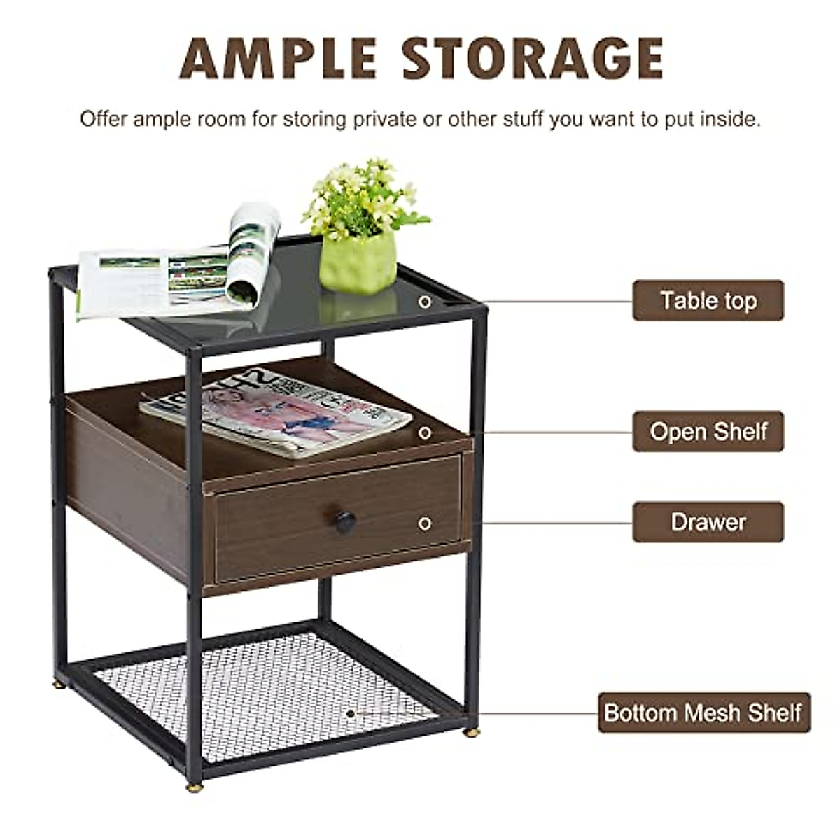 Kinfant End Table Set with Drawer - Nightstand Bedside Table with Mesh Shelf, Side Table with Glass Top for Hallway, Living Room, Bedroom, Rustic Brown and Black (2)