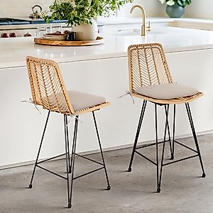 IDZO Rattan Counter Height Bar Stools Upgraded, 36.5" Tall, 400lbs Weight Endurance, Steel Frame, Plush Cushions, Ideal as a Bar Stools Set of 2