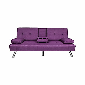 YUNLife Twin Size Linen Upholstered Modern Convertible Folding Futon Loveseat Sofa Sleeper Bed 2 Seaters Recliner Couch with Cup Holders,3 Angles,Metal Legs,Removable Soft Pillow-Top Armrest