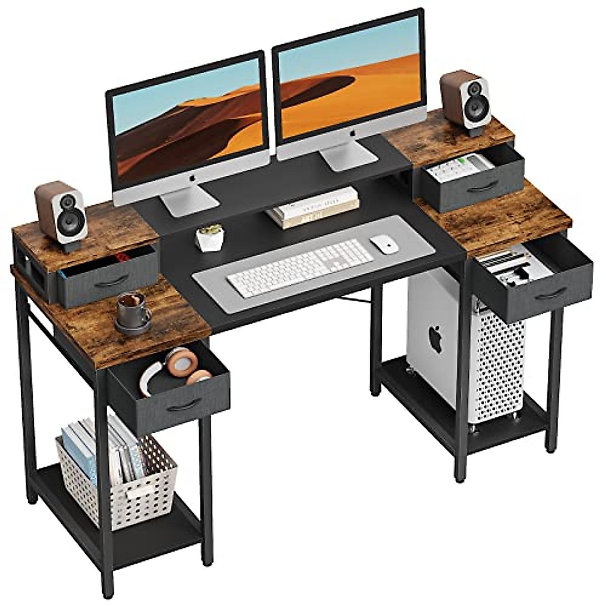 YAOHUOO Computer Desk with Dual Monitor Stands - 48'' Office Desk Writing Desk with 4 Drawers and Keyboard Storage, Work Desk with Dual PC Mainframe Shelves for Storage (Rustic Brown, 48)