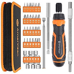 Amartisan Magnetic Ratchet Screwdriver Set, 34-Piece Multi-bit Ratchet Screw Drivers, Slotted/Philips/Pozi/Torx/Hex