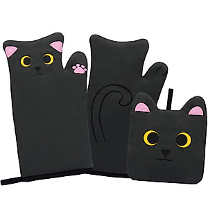 NIGOWAYS Oven Mitts,Cute Cat Design Cooking Glove,Quilted Cotton Lining,Heat Resistant Oven Mitts and Pot Holders Sets for Baking,Microwave,Cute Oven Mitts Gift for Mom,Housewarming(Black)