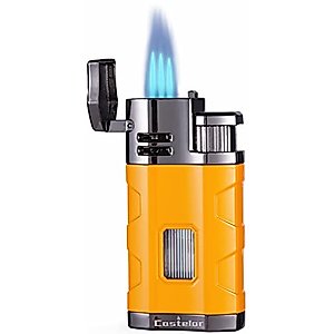 Castelar Torch Lighter Triple Jet Flame Refillable Butane Lighter with Punch Rest Holder - Butane Not Included (Yellow)