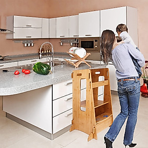 Learning Tower, Bamboo Height Adjustable Toddler Tower, Professional Toddler Kitchen Stool Helper, Kitchen Helper Stool for Toddlers, The Toddler Step Stool with Painting Tools.