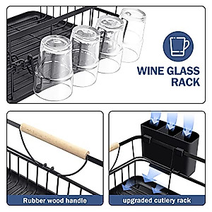 TOOLF Dish Drying Rack, High-Sided Dish Rack for Kitchen Counter, Dish Drainer with Utensil Holder and Drainboard, Small Sink Drainer for Sink, Black