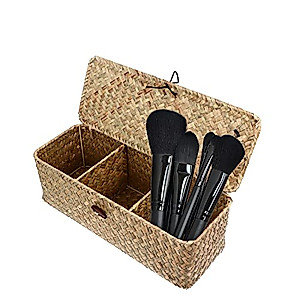 IMIKEYA Rattan Basket with Lid 3 Compartment Storage Bin Desktop Makeup Sundries Organizer Rustic Storage Organizer for Table Stationery Supplies
