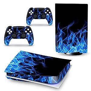 PS5 Skin Stickers Full Body Vinyl Skins Wrap Decals Cover for PS5 Disc Edition Console & Controllers (Blue Flames)