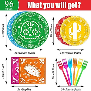 96 Pcs Mexican Fiesta Tableware Cinco De Mayo Party Supplies for 24 Guests Mexican Papel Picado Plates Napkins for Mexican Fiesta Party Decorations Fiesta Taco Birthday Baby Shower Party Favors