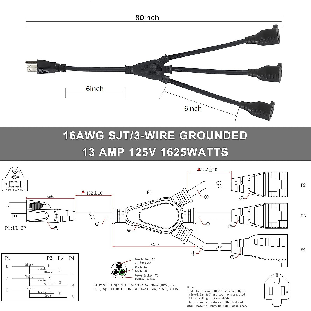 KUNCAN 3-Outlet Splitter Extension Cord - 3 Prong 1 to 3 Way Power Splitter Extension Cable, 1FT 16AWG 13A/1625W, NEMA 5-15P to 3*NEMA 5-15R Y Style Extension Cord (Black 2-Pack)