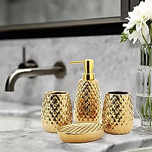 Ceramic Bathroom Accessories Set 4 Piece Contain Toothbrush Holder, Tumbler, Soap Dispenser, Soap Dish, Accessories para baño for Restroom Apartment Bathroom Decor Stuff and Gift Set （Gold）