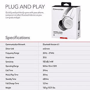 Phiaton BT 390 on Ear Hi-Fi Stereo Wireless Bluetooth Headphones, Foldable, Noise Isolation, EverPlay-X Wireless Headset, 30 Hours Play Time, with Deep Bass Stereo and Mic, White