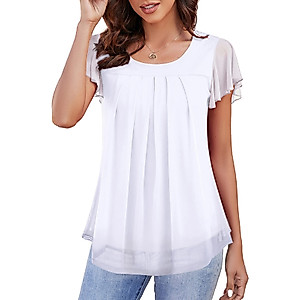 KOAIZ Rufful Short Sleeve Tops for Women Casual Mesh Tunic Double Layers Stretchy Shirts Summer Cute Tops for Women Holiday Blouse Dressy White XL