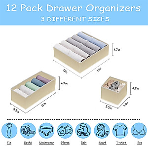 MANCHUANG 12 Pack Drawer Organizers, Drawer Dividers Storage Bins,Dresser Closet Organizers Foldable Storage Bins for Clothes,Underwear,Socks,Bra,Towels,Ties (Beige)