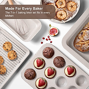 Nonstick Bakeware Set - 7 Piece Oven Bakeware With Cookie Sheet, Cake Pan, Loaf Pan, Muffin Pan, Roaster, Cooling Rack - PTFE & PFOA Free Baking Supplies