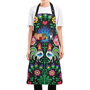 xigua Polish Folk Art Pattern Apron Larger Size Cooking kitchen Baking Unisex Aprons, Aprons for Women with Pockets