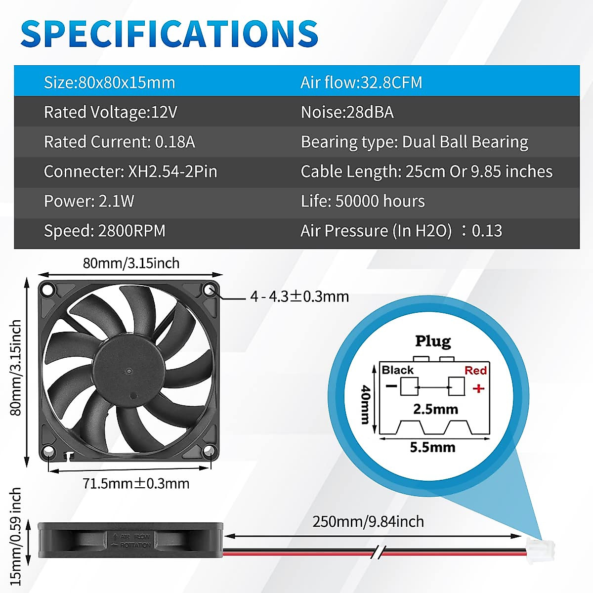 Wathai 80mm x 15mm 12V DC Coolng Fan 2 Pin Dual Ball High Performance Brushless Cooler Case Fans
