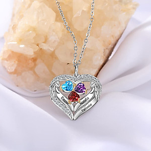 GLAMCARAT Engraved personalized 925 silver pendant necklace with 3 birthstone family jewelry mothers gift 3 child names heart shaped pendant