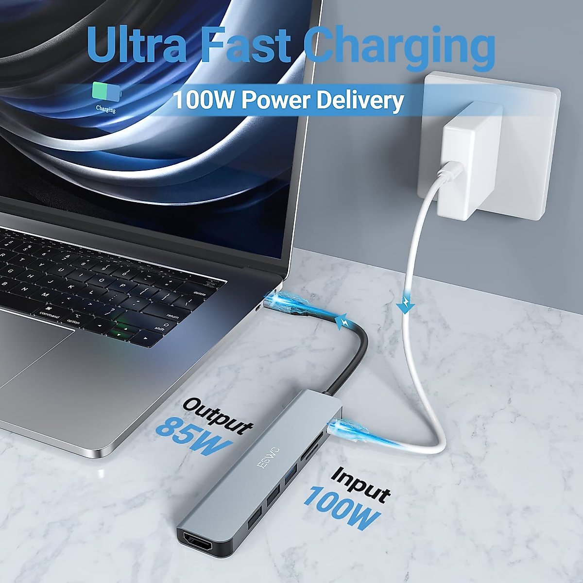 JESWO USB C Hub/Adapter, 7 in 1 with 4K HDMI Output, USB 3.0, 2 USB-A, SD/TF Card Reader, 100W PD, USB C Dongle for MacBook Pro/Air, Dell XPS More Type C Devices
