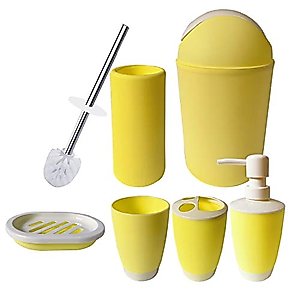 UNBAND Bathroom Accessories Set,6 Pcs Plastic Gift Set Toothbrush Holder,Toothbrush Cup,Soap Dispenser,Soap Dish,Toilet Brush Holder,Trash Can,Tumbler Straw Set Bathroom (Yellow)