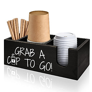 Coffee Bar Organizer Countertop, Coffee Station Organizer for Cup and lid Storage Box, Farmhouse Wood Coffee Bar Accessories, Rustic Disposable Coffee Cup Holder for Counter Decor - Black
