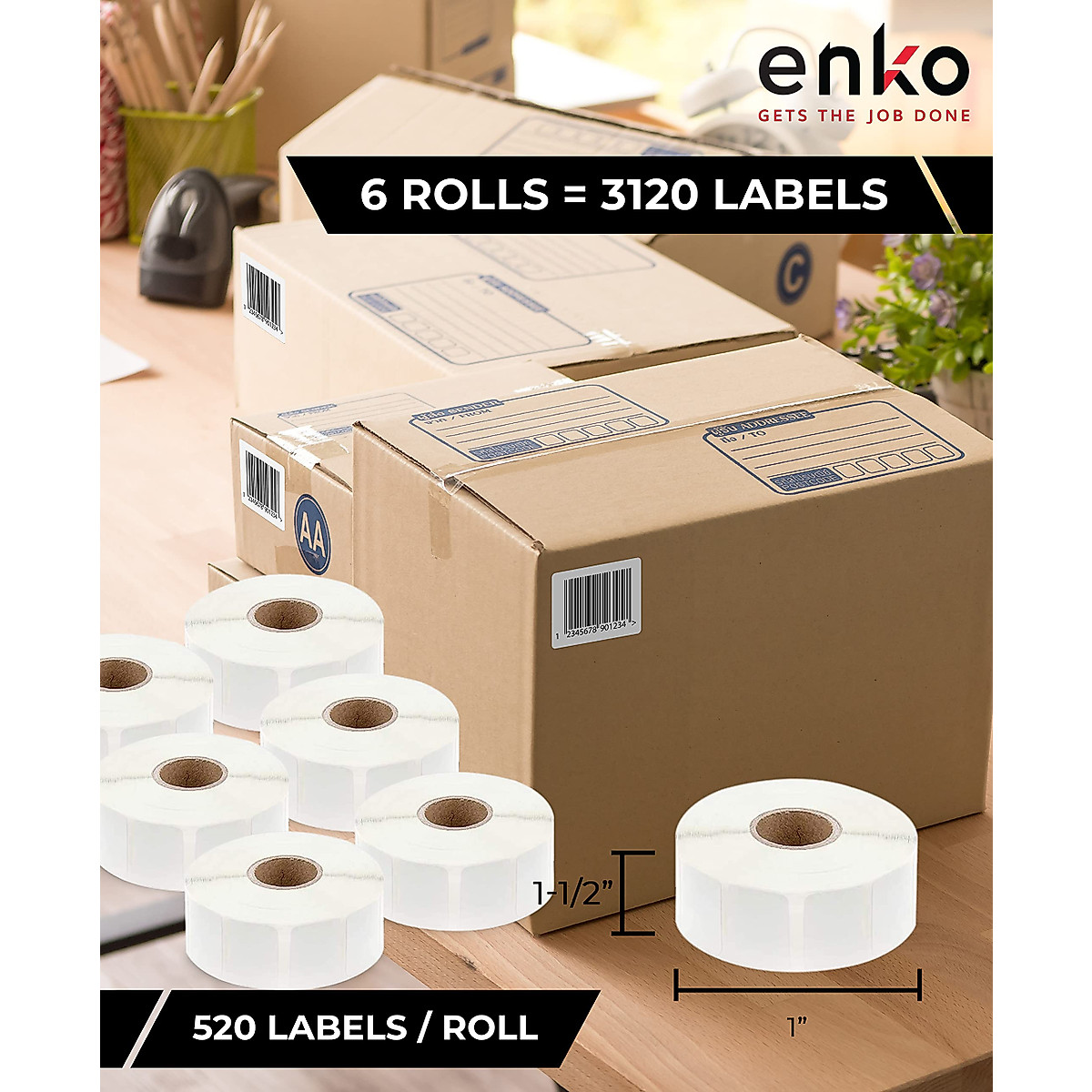 enKo 1.5 x 1 Inch Direct Thermal Labels (6 Rolls, 3120 Labels) Adhesive 1-1/2 x 1 Labels (1 in Core) Use as Barcode Labels, Address & Book Spine Labels - Compatible with Zebra Rollo Label Printer