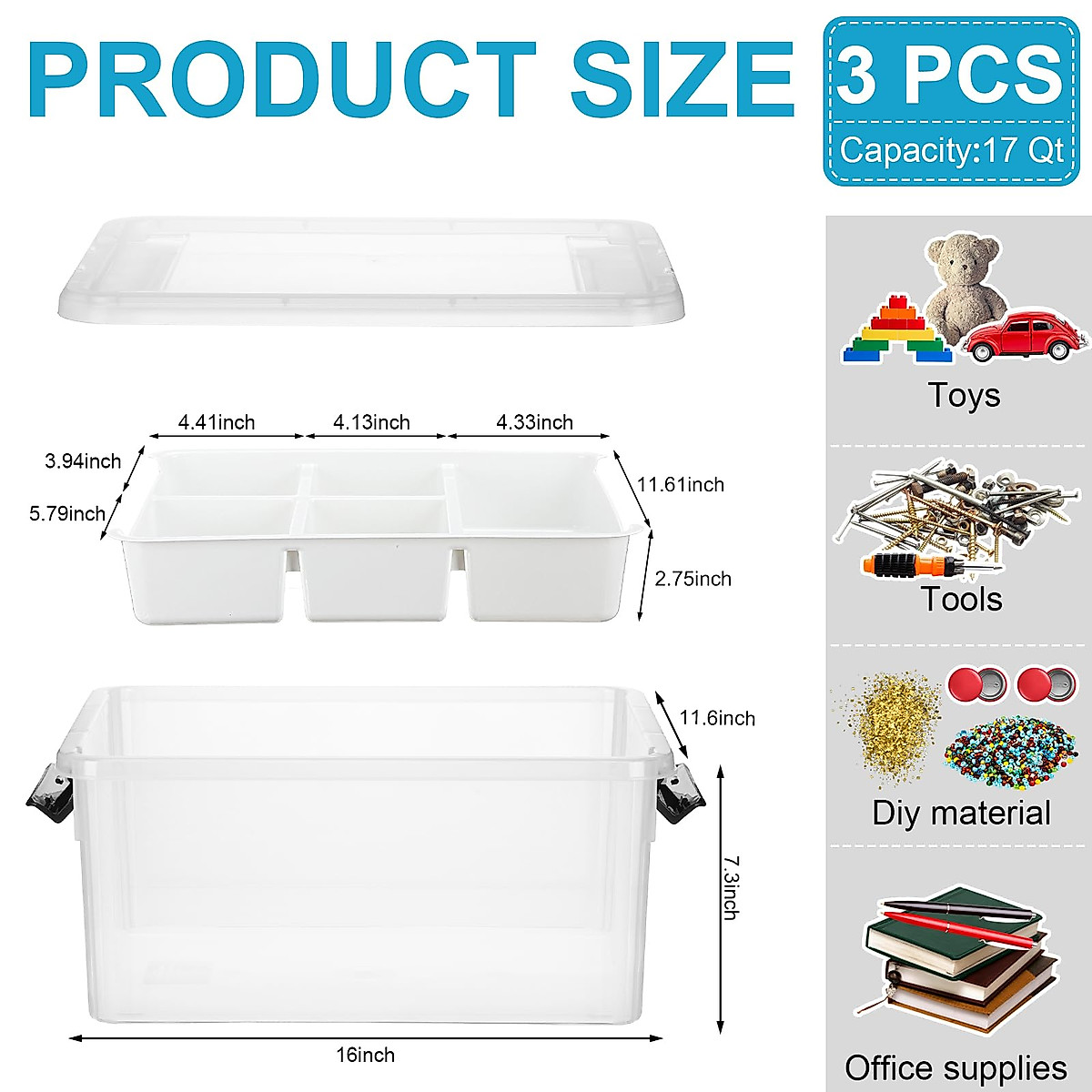 Beeveer Layhit 3 PCS Storage Box with Removable Tray 17 QT Clear Plastic Storage Container for Seasonal Decor, Tool, Office Supplies, Art, Craft Supplies, Sewing Utility Box (Multi Layer Style)