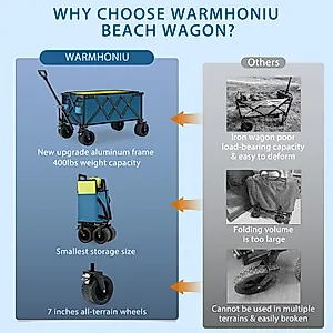 WARMHONIU Beach Wagon Cart with Big Wheels for Sand, Aluminum Collapsible Folding Wagon, Heavy Duty Foldable Cart with Removable Wheels, Outdoor Utility Wagon for Sand, Camping, Garden